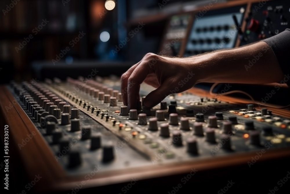 hands adjusting the levels on a mixing console. generative AI Stock ...