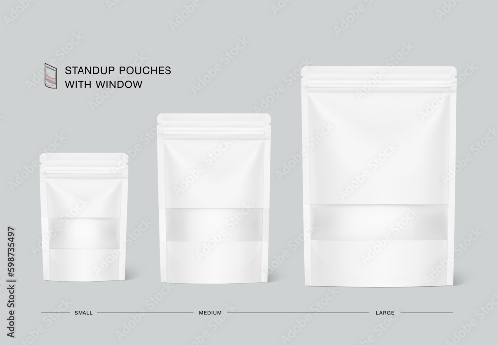 Stand up pouch bag mockups with transparent window mockup. Vector ...