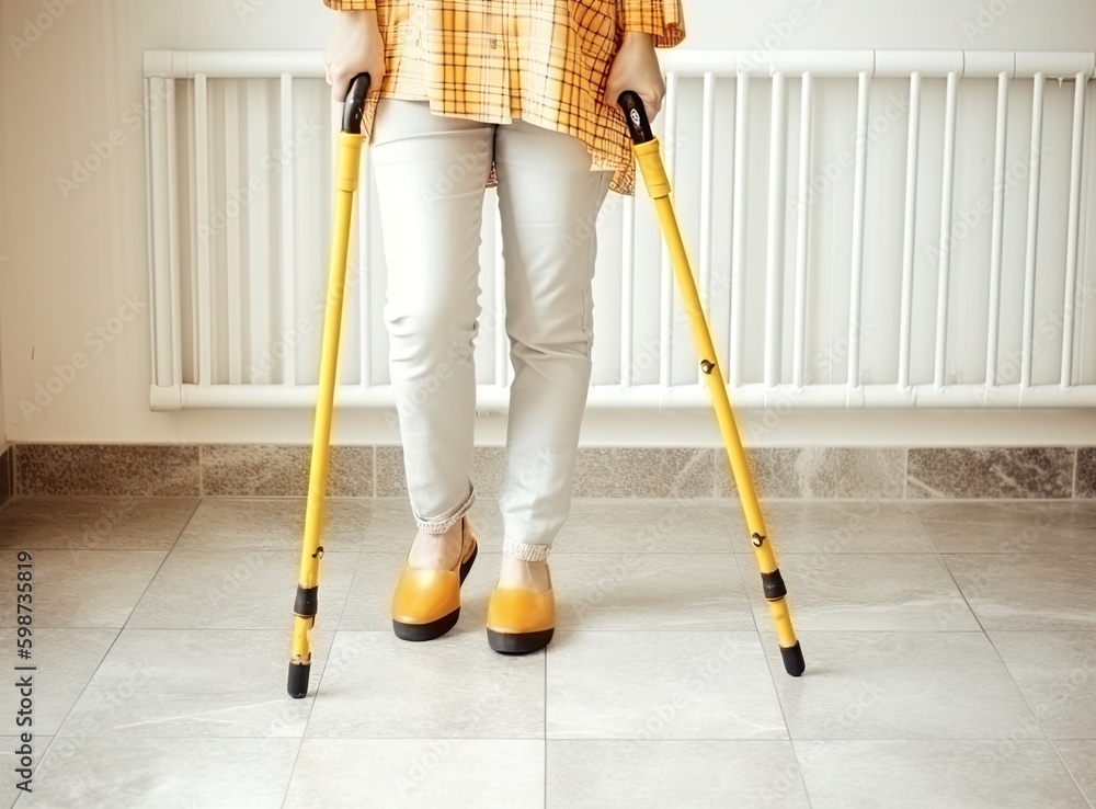 Low section of a disabled person using crutches to walk. Disabled man ...