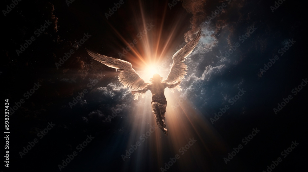 Angel flying from earth to heaven giving light in the darkness, God ...