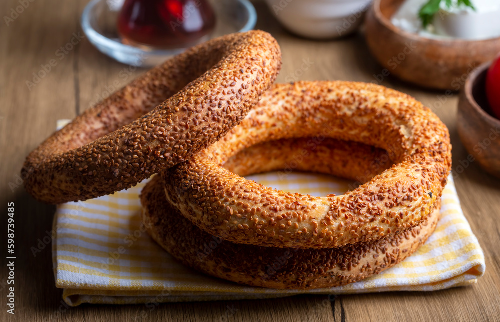 Turkish fast food bagel called Simit. Turkish bagel Simit with sesame ...