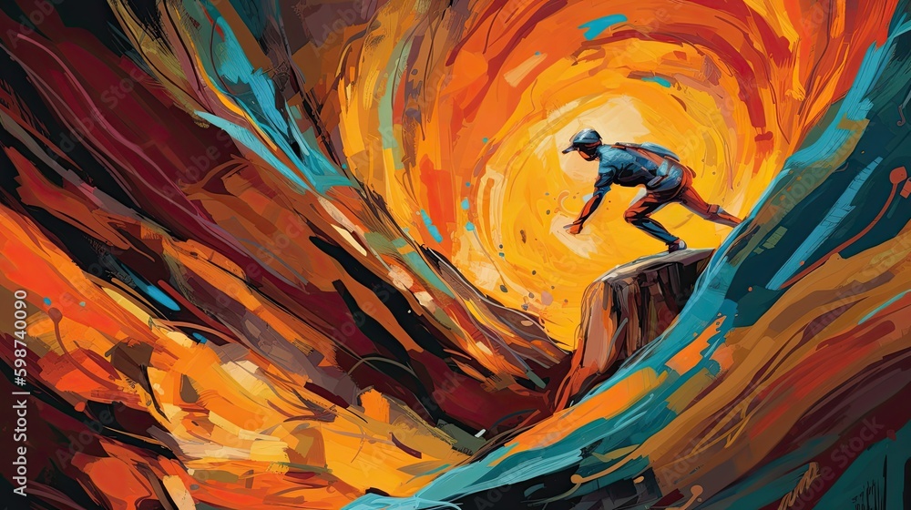 abstract painting of a cave - person on a rock jumping over a gap ...