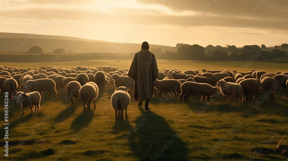 Photo & Art Print Jesus and the flock in the field. Generative AI, Daniel