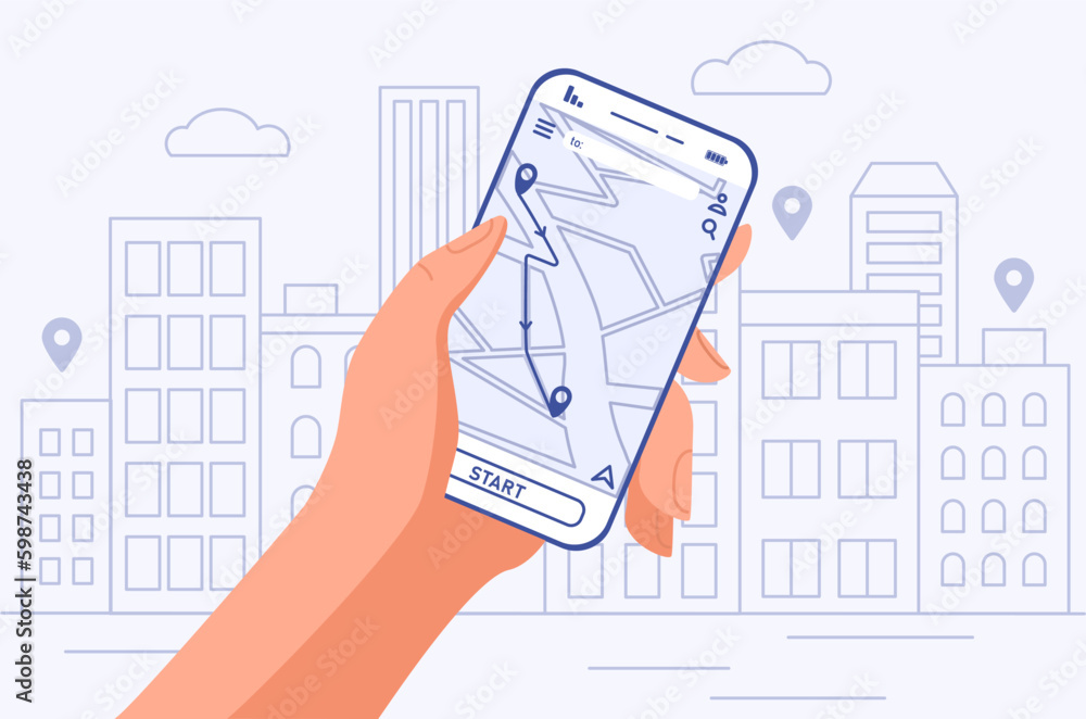 Mobile GPS navigation. Hand holding smartphone with open map, route ...