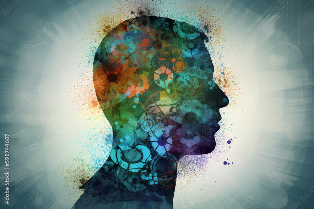 Graphic picture of human's head with scientific symbols, thinking ...