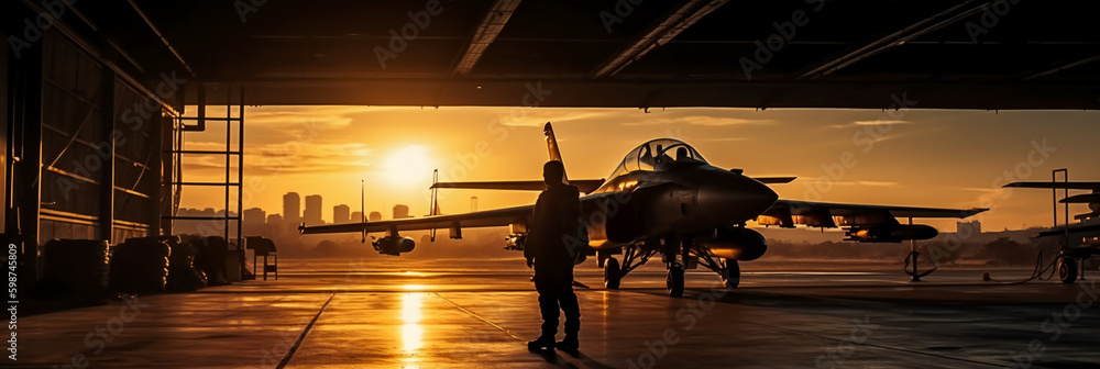 Sunset backlit view of military fighter jet pilot beside parked ...