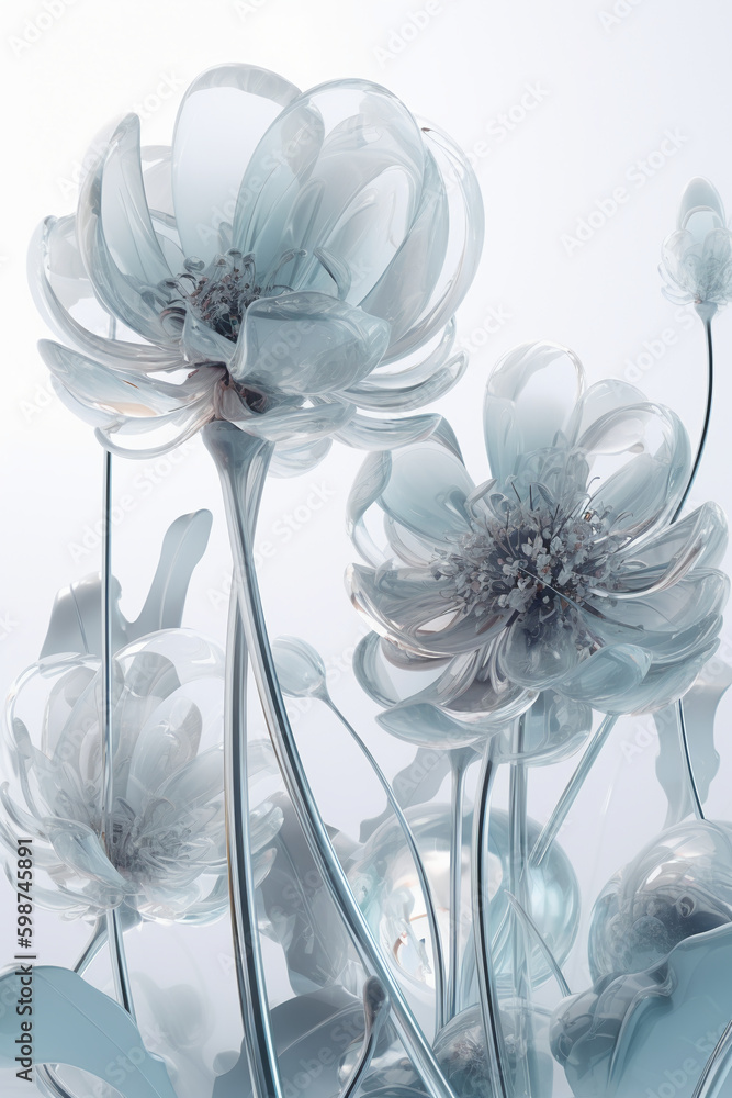 Translucent futuristic inorganic flowers, white background, behance ...
