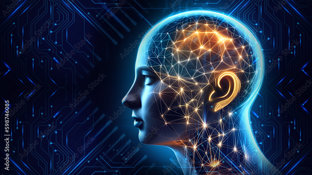 Artificial Intelligence Brain, Data Science, Information technology , Connected Wireframe ...