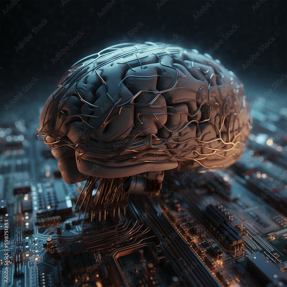 brain connected to a circuit board, Brain-Computer, Artificial ...