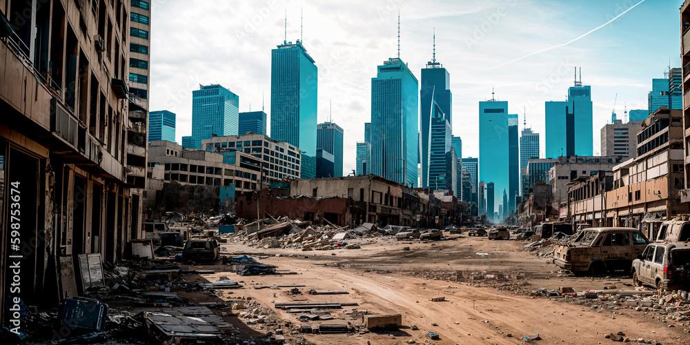 Abandoned, completely destroyed big city - a metropolis with ...