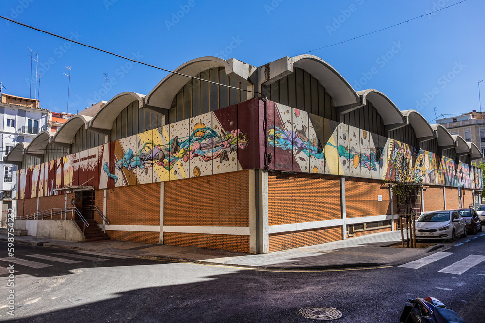 Detail of decorated facade of Rojas Clemente Market (Mercat de Rojas ...