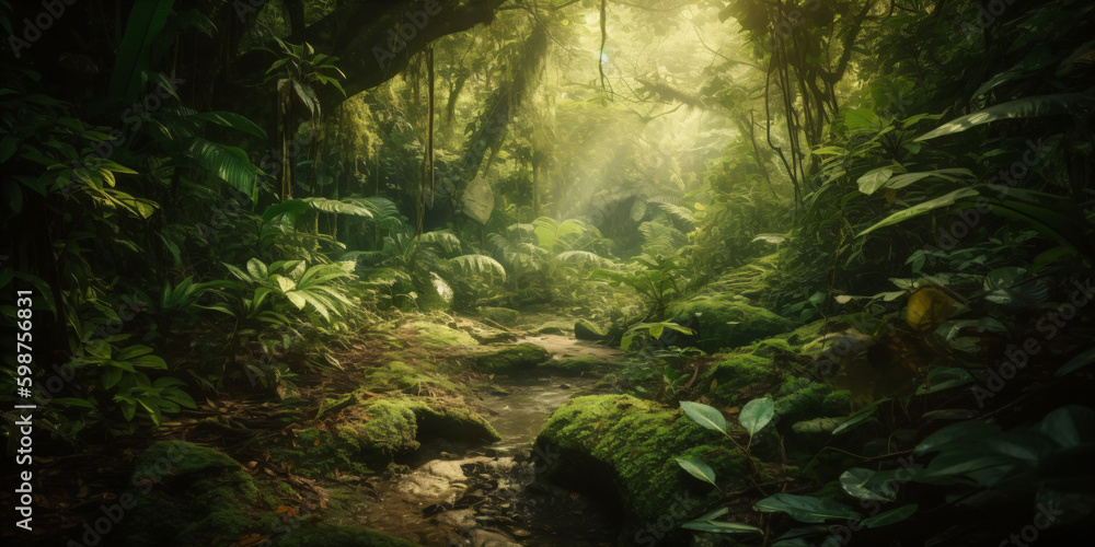 Dense mysterious jungle, rainforest in the sun, tropics full of ...