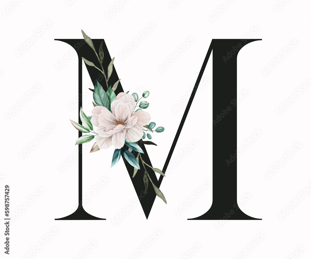 Capital letter M decorated with green leaves and pansies. Letter of the ...
