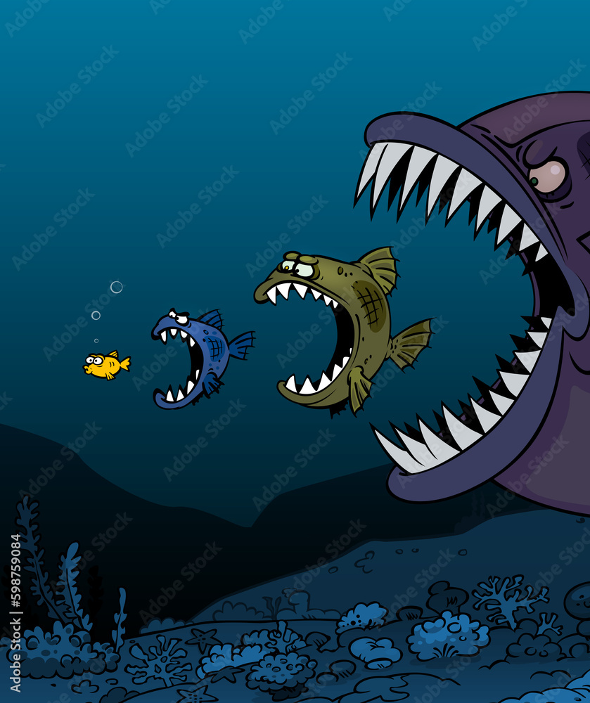 cartoon big fish eat small fish underwater world background Stock ...