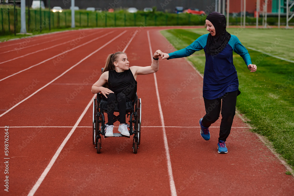 Foto de A Muslim woman wearing a burqa supports her friend with ...