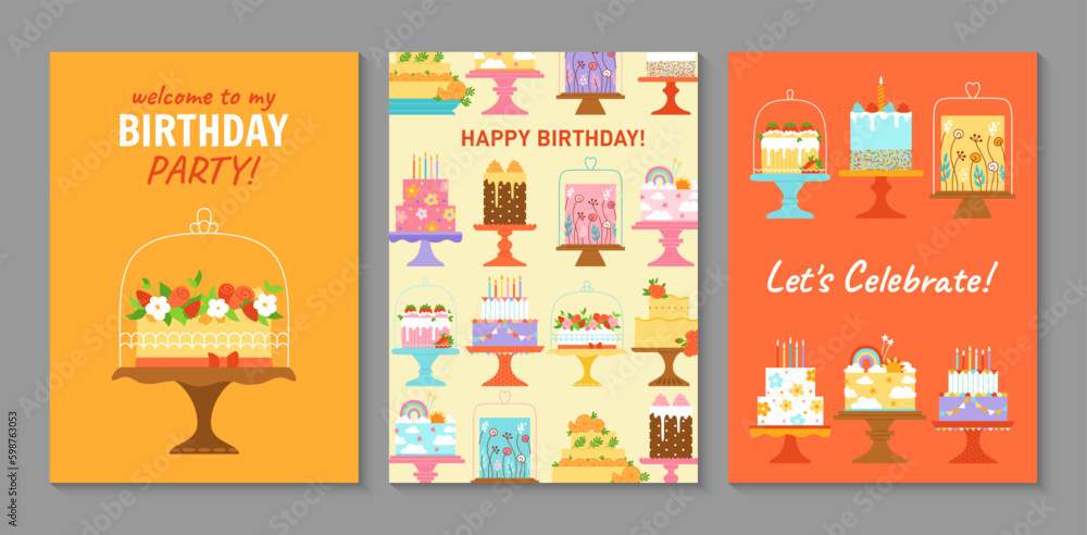 Birthday cakes card cartoon set. Birthday party desserts, celebration ...