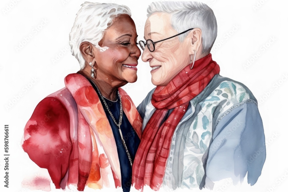 Affectionate Elderly Interracial Lesbian Couple Illustration