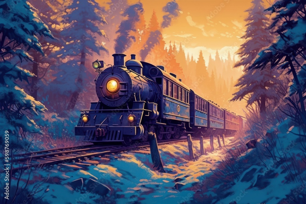 Train rides in a forest area, retro style. Vintage steam locomotive. AI ...