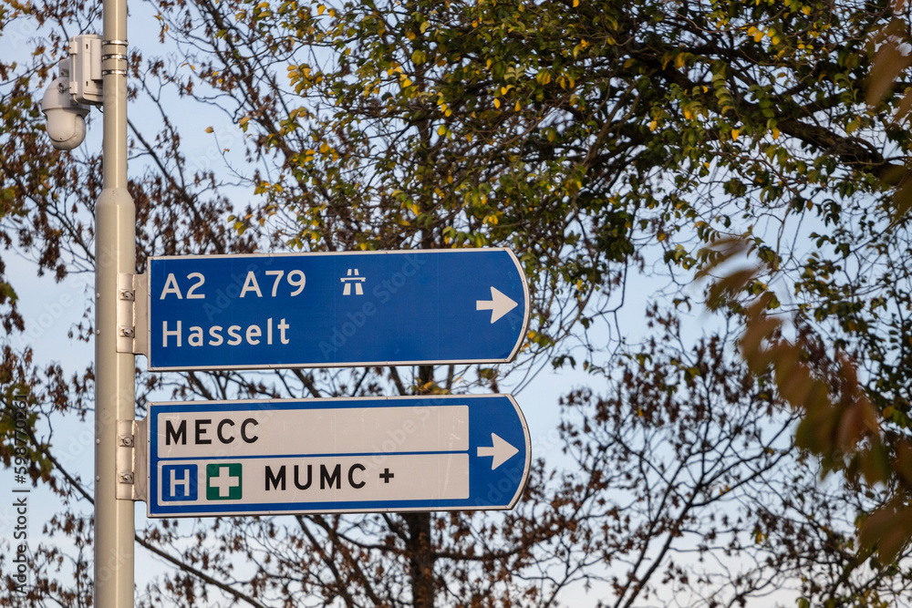 Dutch roadsign in Maastricht, Netherlands, indicating various ...