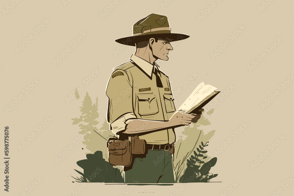 Doodle inspired Park ranger, cartoon sticker, sketch, vector ...