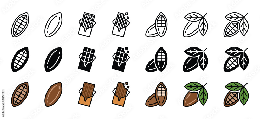 Cacao and Chocolate icons vector set in line, flat, and color style ...