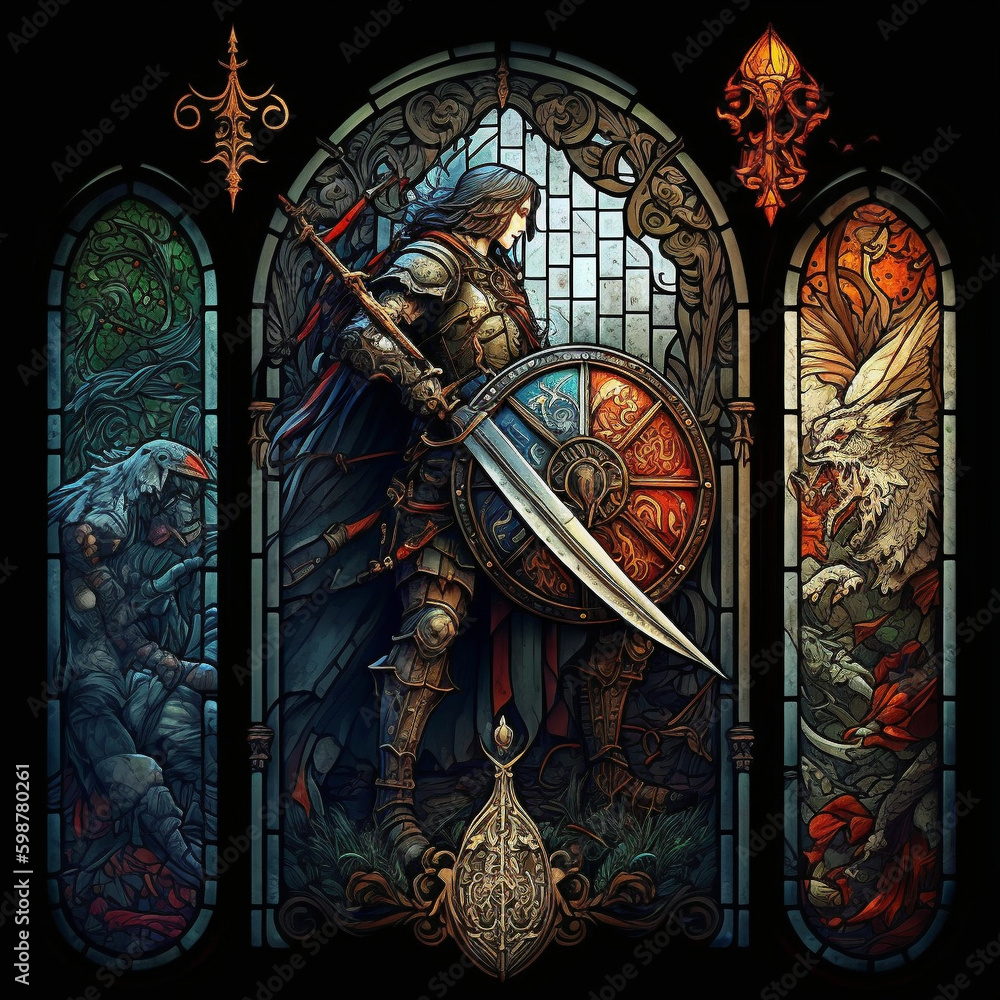 stained glass of a fantasy battle epic created with Generative AI ...
