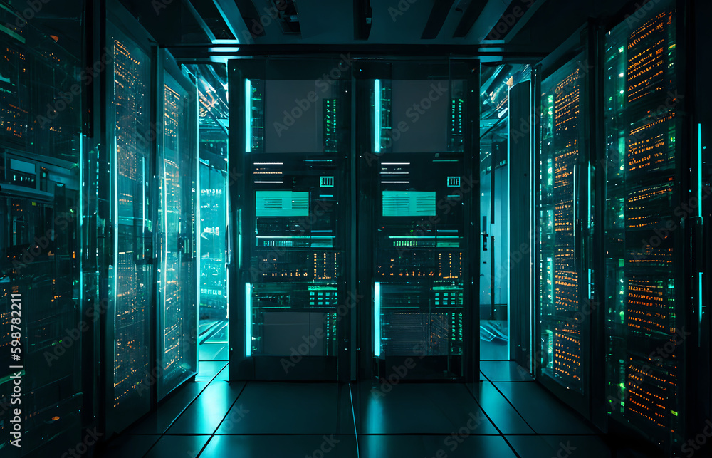 AI Generated, Machine Learning, Data center on global networking in server room of storage ...