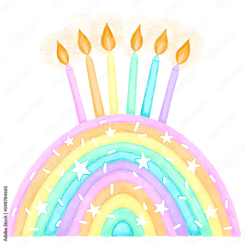 Rainbow shaped illustrated birthday cake with lit candles on top ...