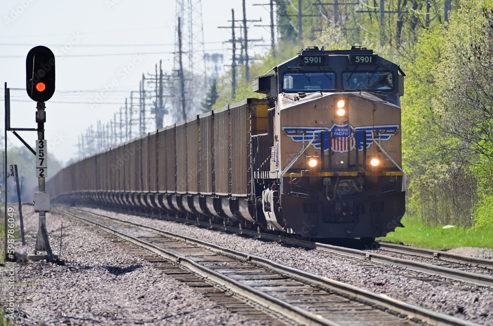 A single locomotive leads an empty eastbound Union Pacific Railroad ...