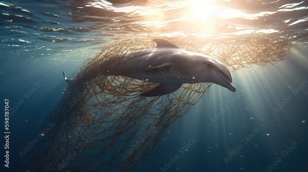 Dolphin Stuck in a Fishing Net in the Ocean and Realistic Details ...