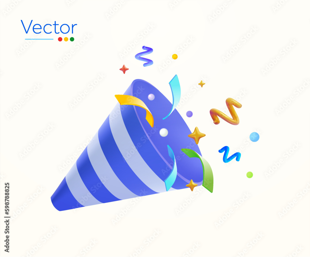Exploding party popper with confetti, bright cartoon birthday cracker ...