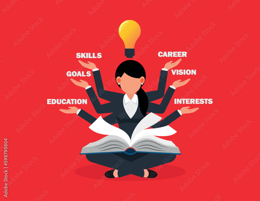 Businesswomen meditating with big open book on lap. concept of ...