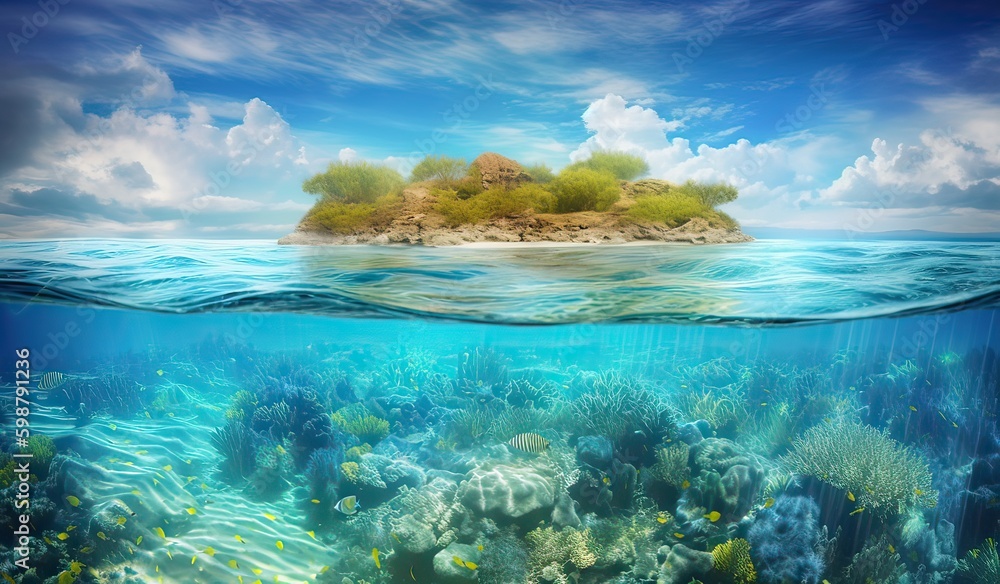 Tropical Island And Coral Reef - Split View With Waterline. Beautiful ...