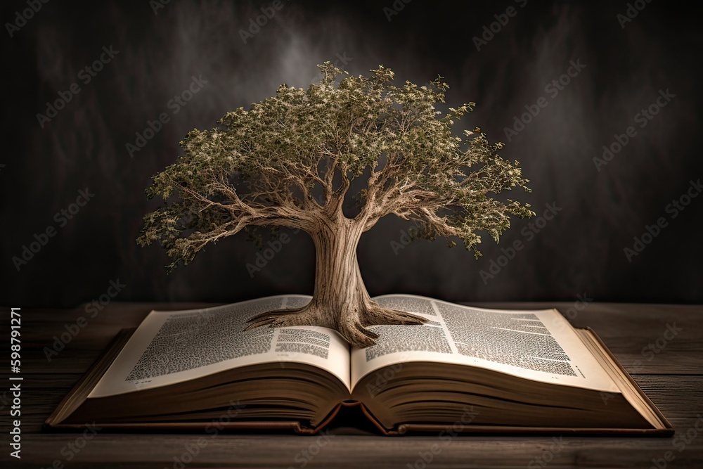 education concept with tree of knowledge planting on opening old big ...