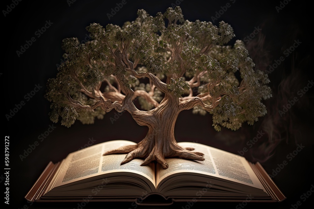 education concept with tree of knowledge planting on opening old big ...