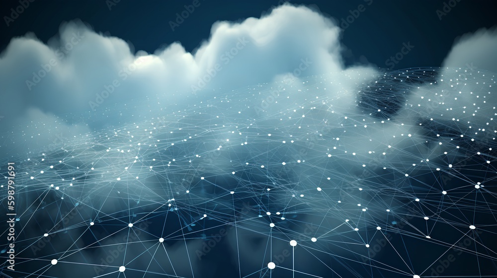 Abstract data points merging with a floating cloud, representing the cloud computing concept and ...