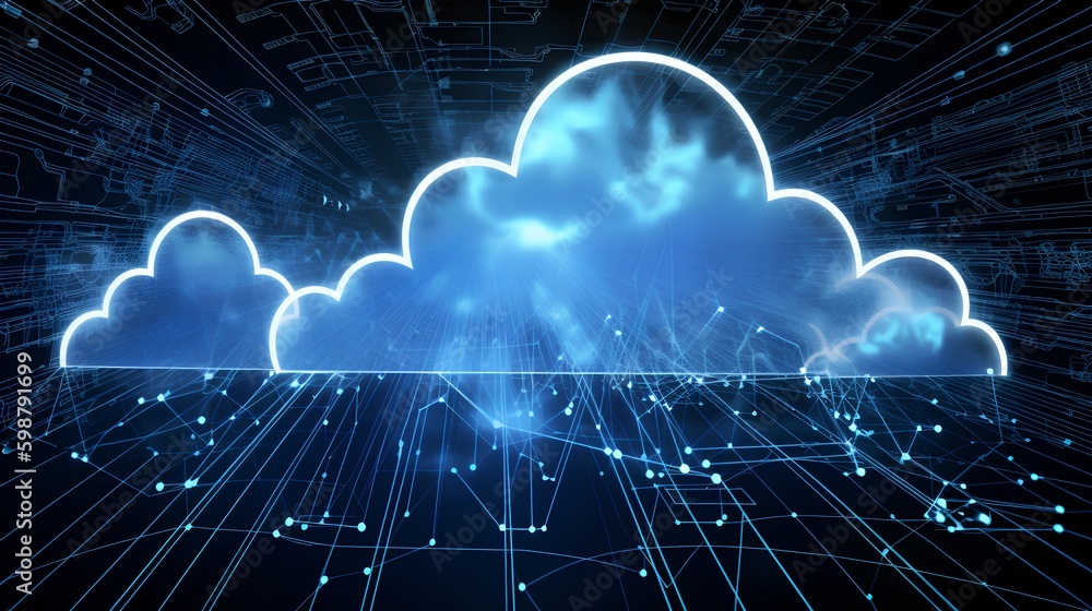 Abstract data points merging with a floating cloud, representing the cloud computing concept and ...