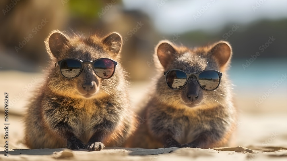 Two quokkas wearing sunglasses on the beach, close up, tropical, photo ...