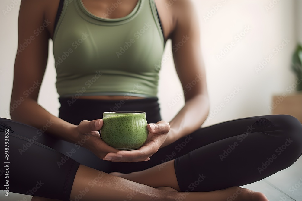 Woman wearing yoga attire holding a matcha latte on yoga mat. Made with ...