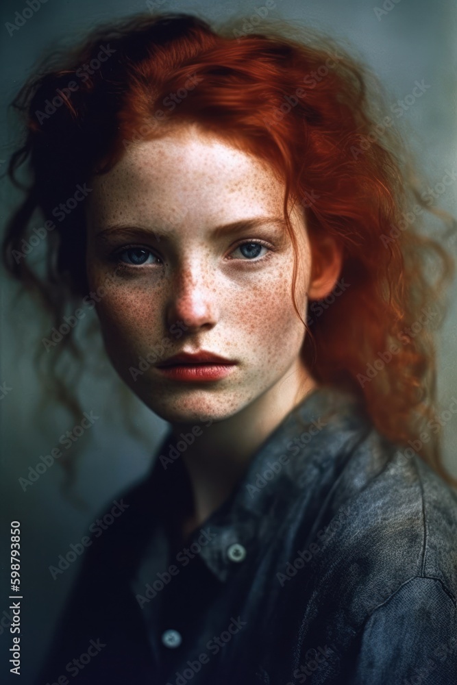portrait redhead adult woman freckles shirt monochromatic red hair ...