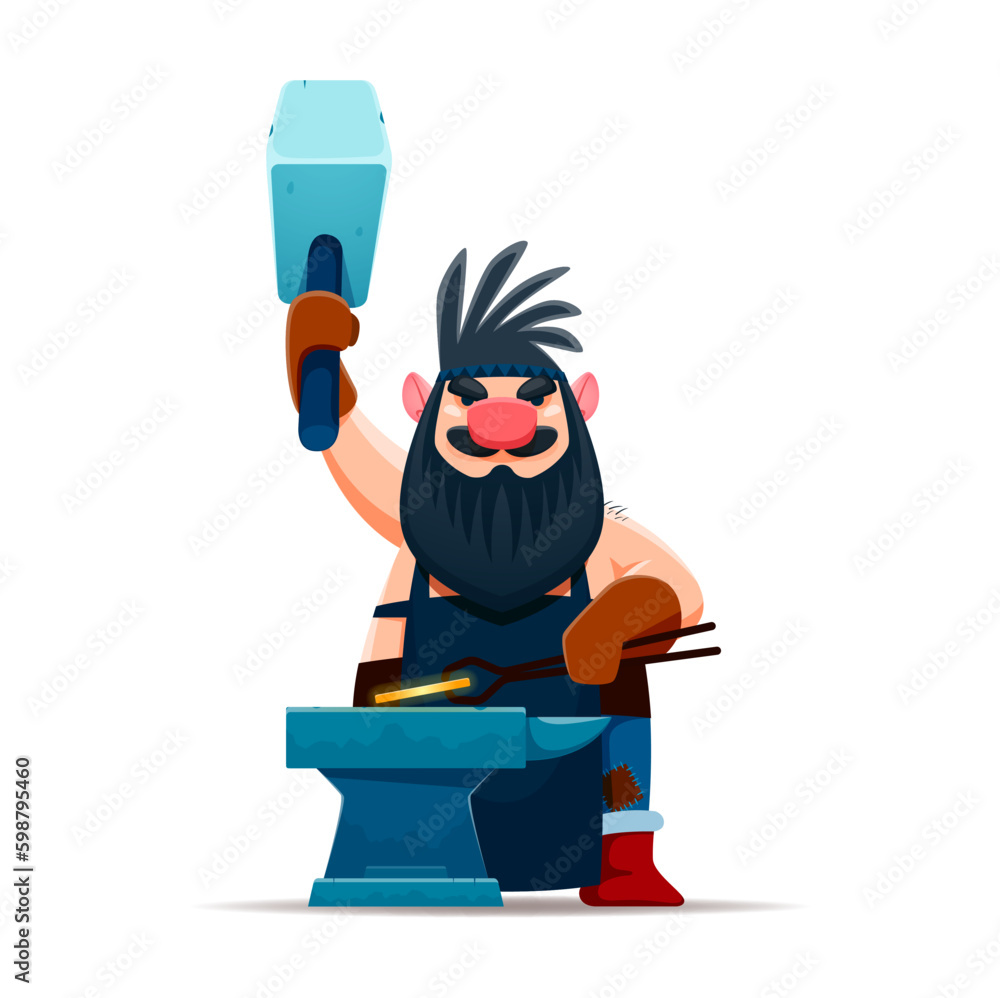 Cartoon gnome dwarf blacksmith character with hammer at forge, vector ...
