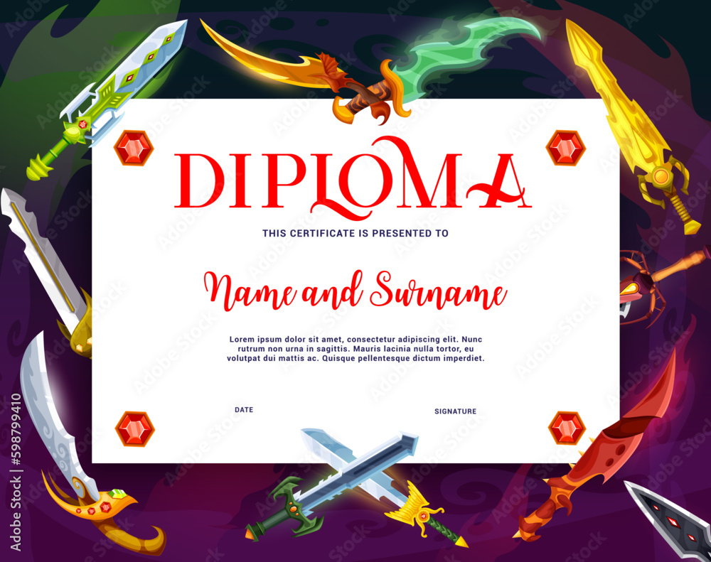 Kids diploma with magic swords and blades, vector education certificate ...