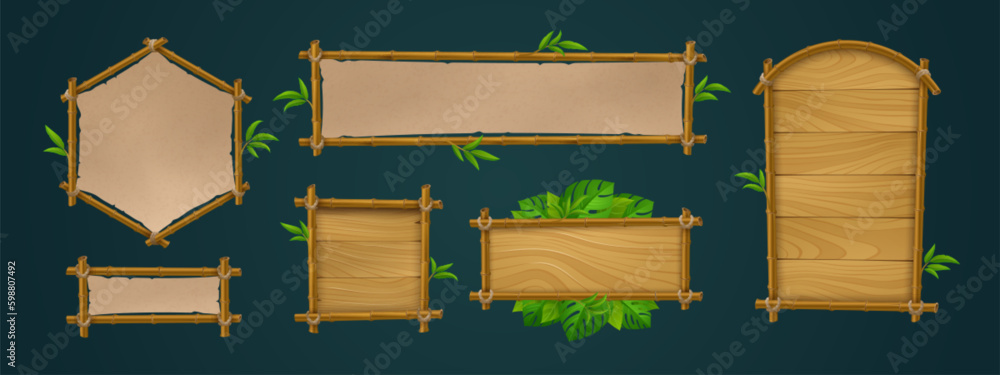 Realistic set of bamboo wood and paper signboards with tropical green ...