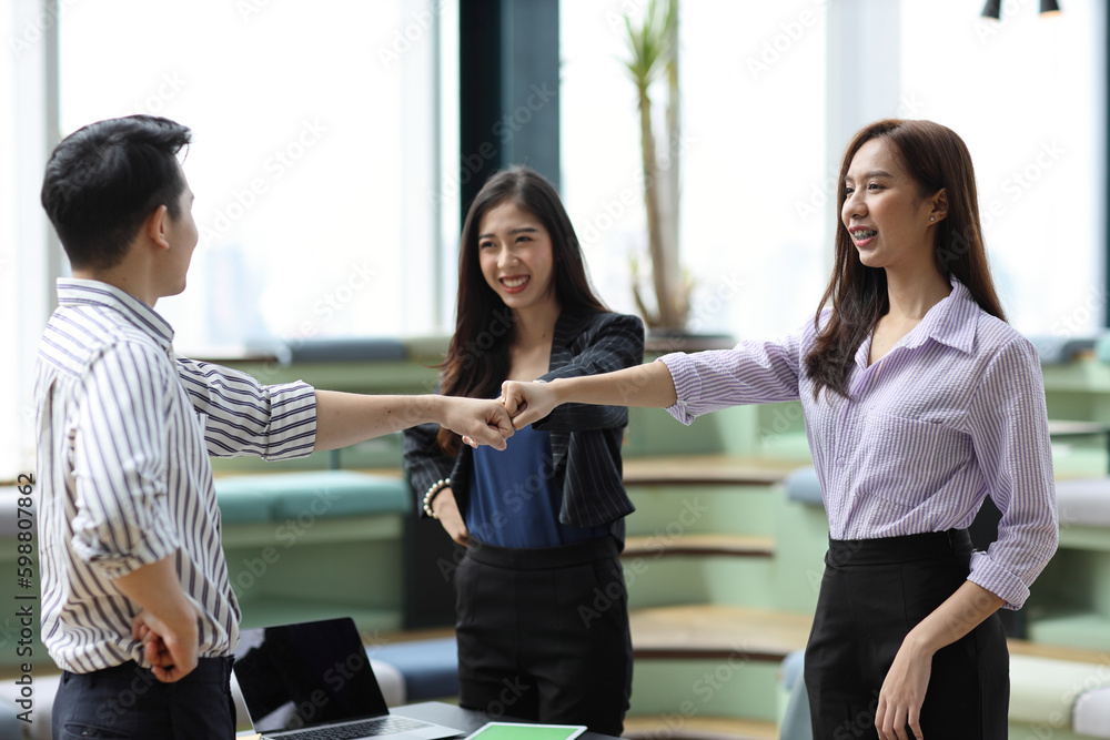 Collaborative process of professional asian businesspeople doing fist ...