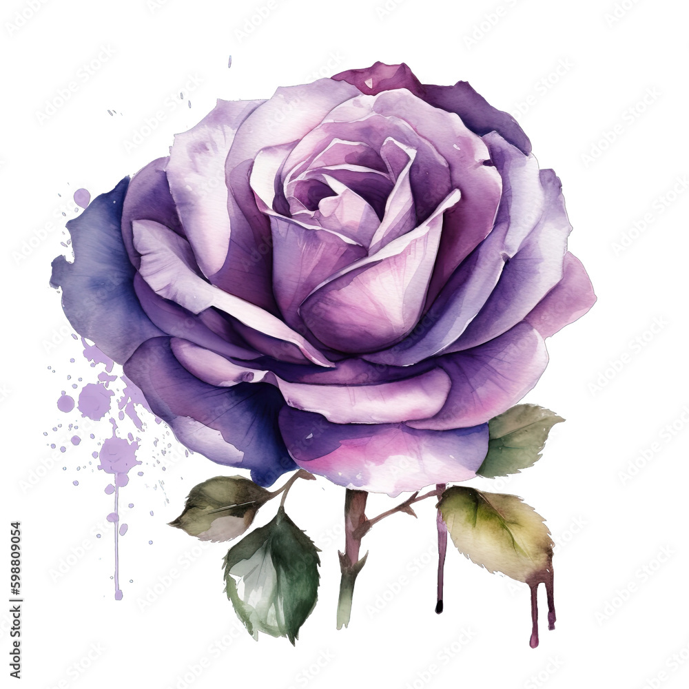 purple rose watercolor painting isolated on white, transparent ...