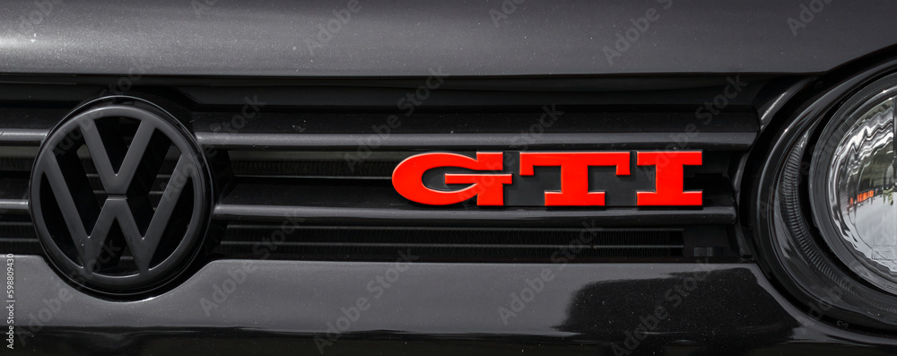 Braunschweig, Germany, May 1, 2023: GTI lettering of a VW Golf GTI, the ...