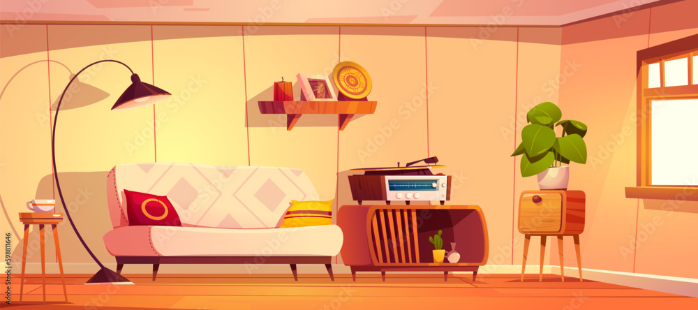 Retro style living room interior design. Vector cartoon illustration of ...