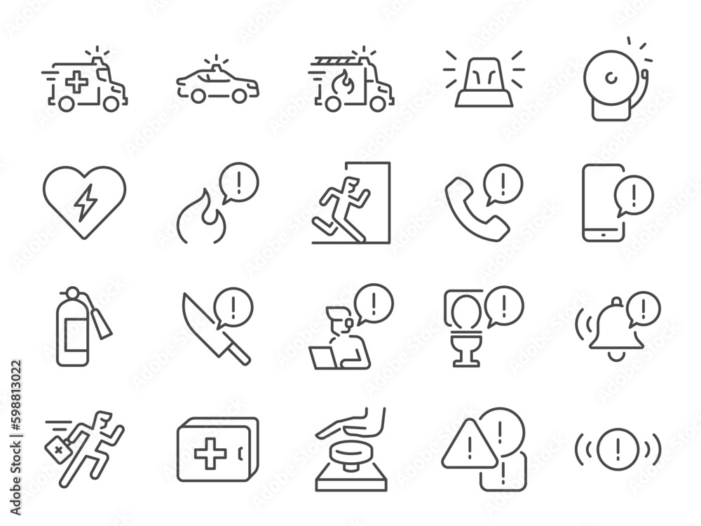 Emergency icon set. It included an alarm, rescue, siren, emergency call ...