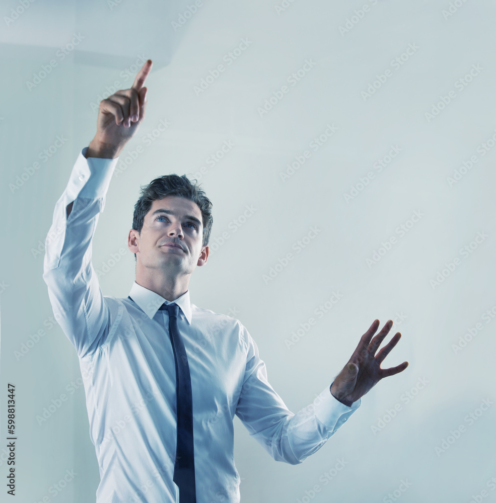 Business man, point and interface with space for mockup, thinking and ...
