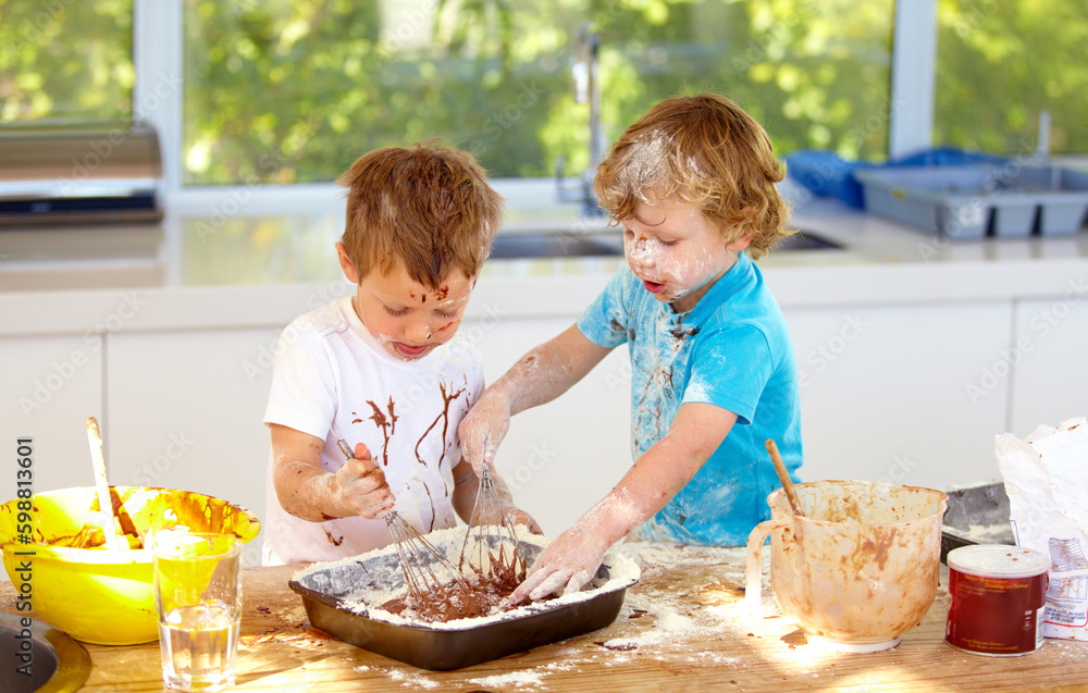 Baking, children and messy friends in the kitchen together, having fun ...